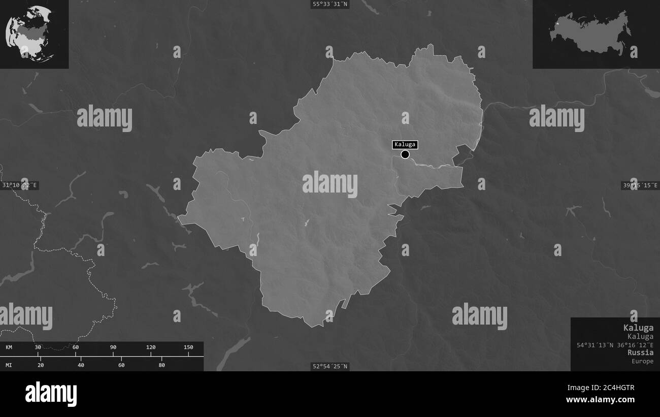 Kaluga, region of Russia. Grayscaled map with lakes and rivers. Shape ...