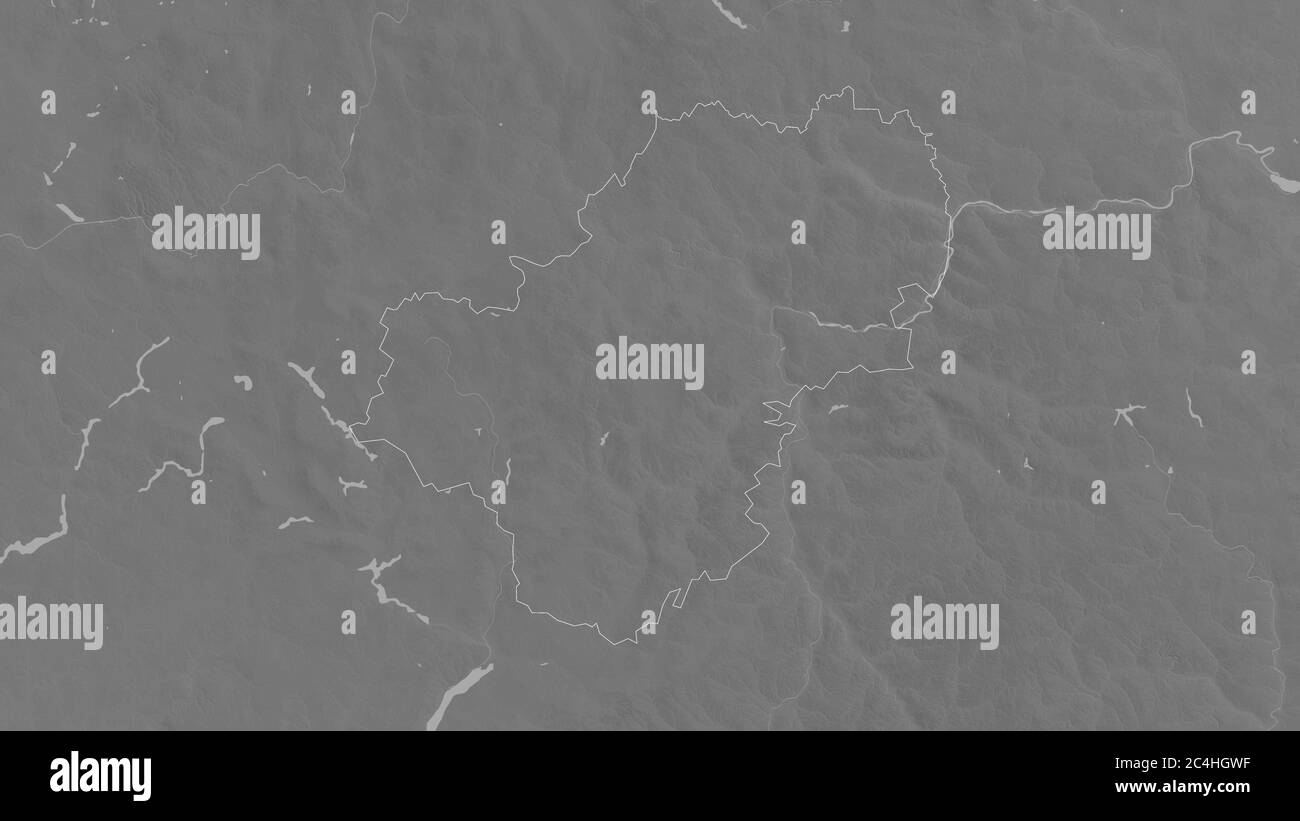 Kaluga, region of Russia. Grayscaled map with lakes and rivers. Shape outlined against its ...