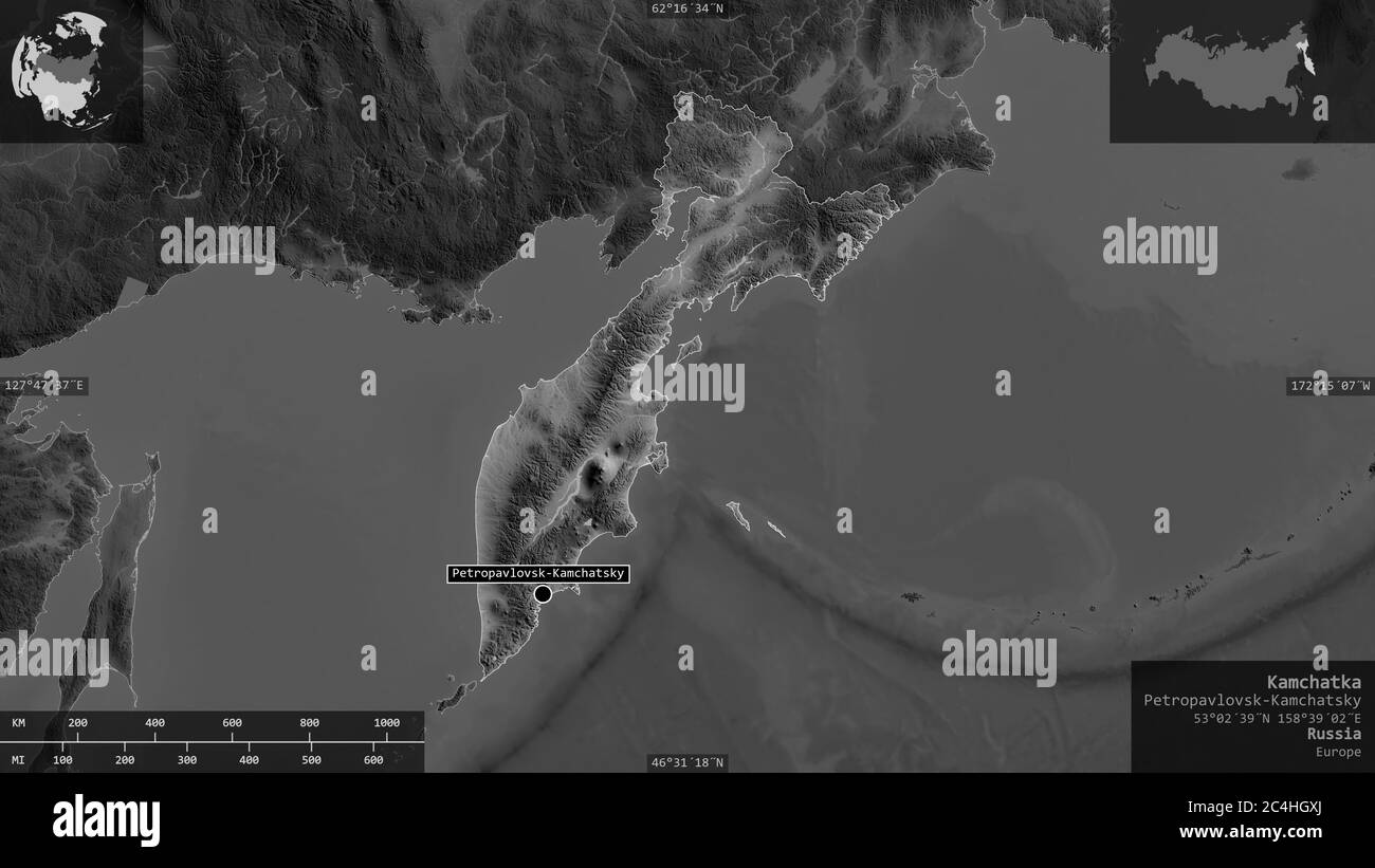 Kamchatka, territory of Russia. Grayscaled map with lakes and rivers ...