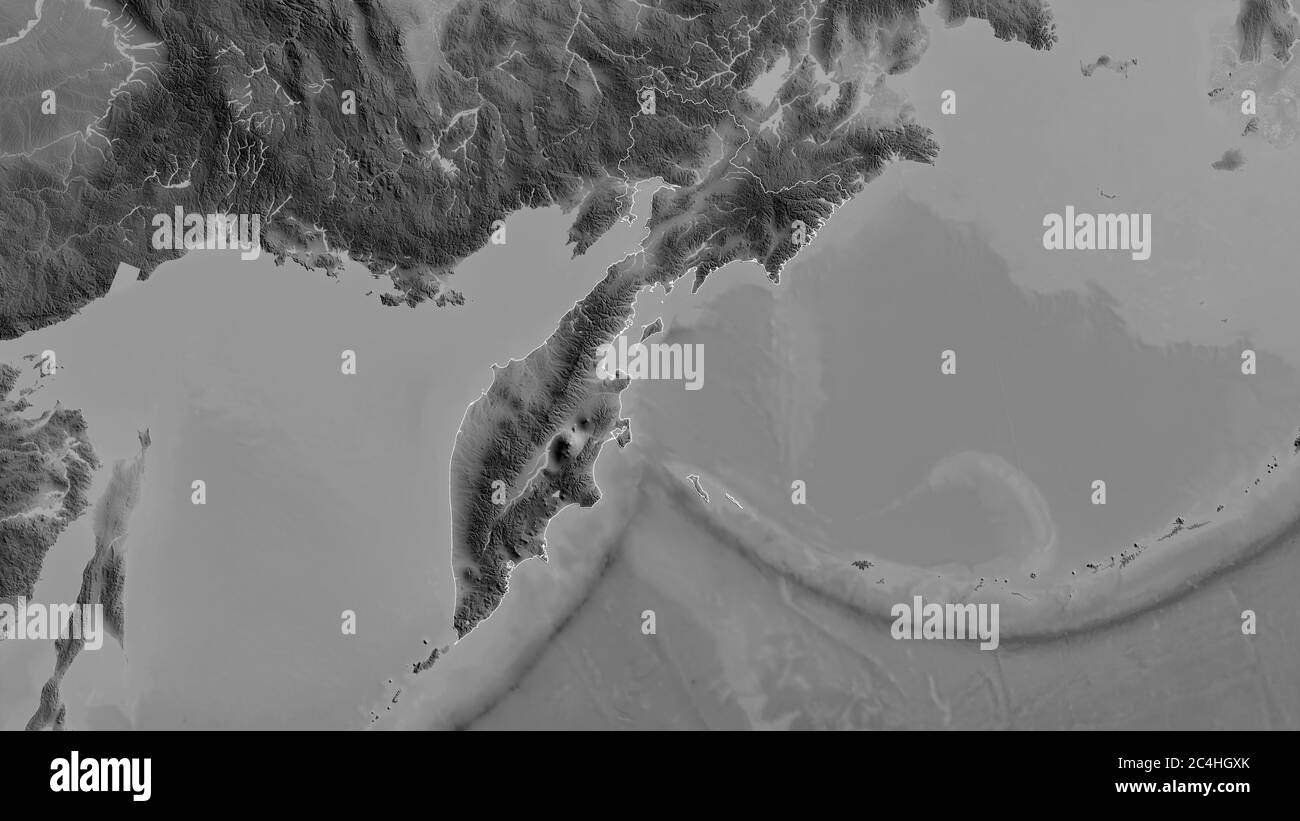 Kamchatka, territory of Russia. Grayscaled map with lakes and rivers ...