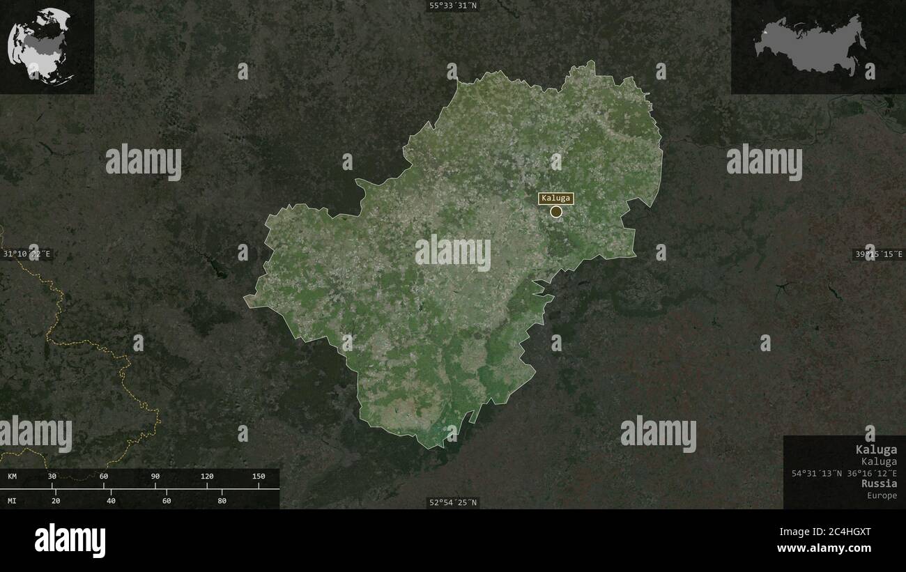 Kaluga, region of Russia. Satellite imagery. Shape presented against ...