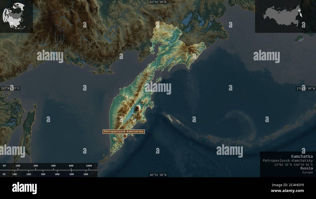 Kamchatka, territory of Russia. Colored relief with lakes and rivers ...