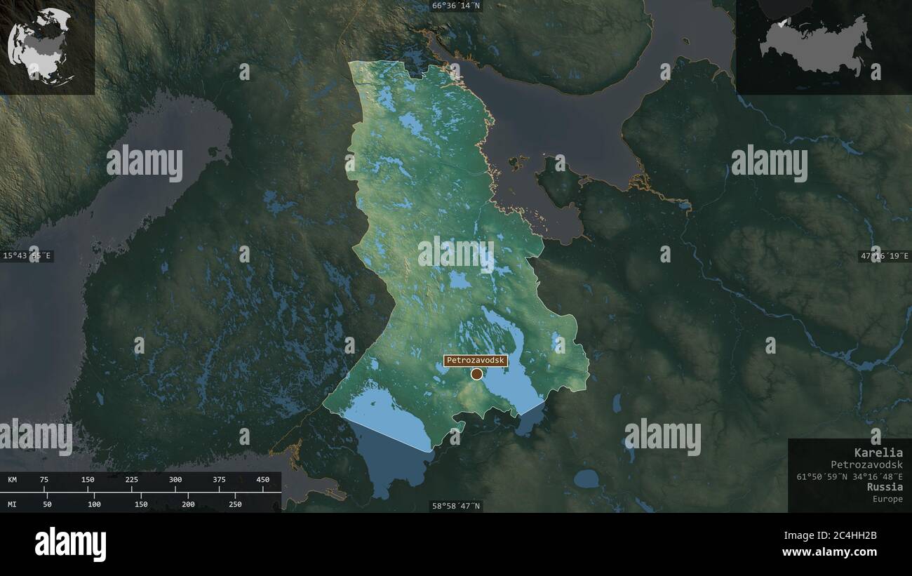 Karelia, republic of Russia. Colored relief with lakes and rivers ...