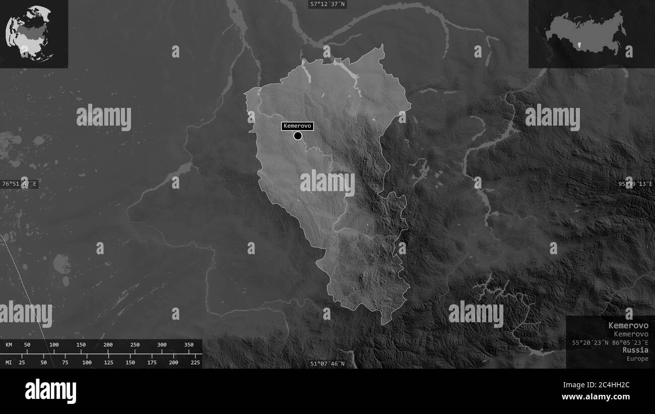 Kemerovo, region of Russia. Grayscaled map with lakes and rivers. Shape presented against its ...