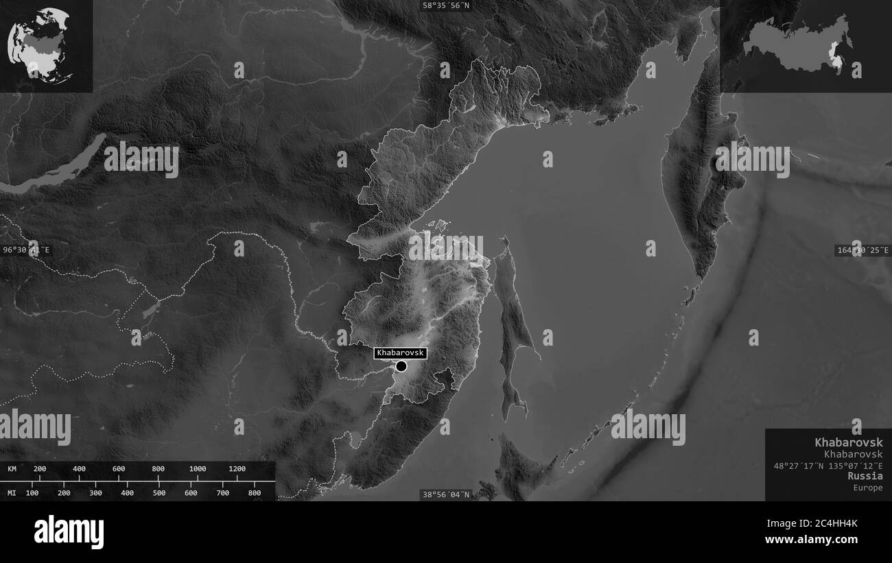 Khabarovsk, territory of Russia. Grayscaled map with lakes and rivers ...
