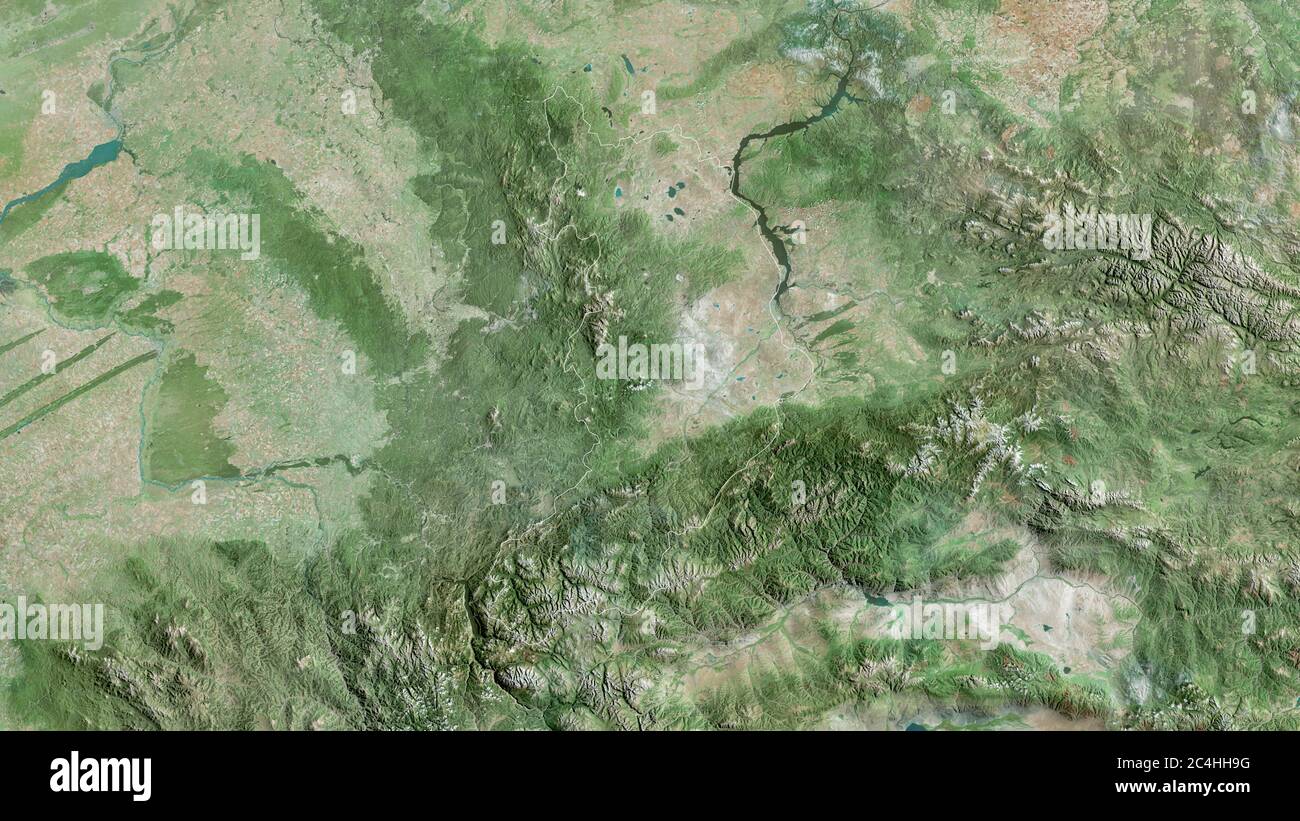 Khakass, republic of Russia. Satellite imagery. Shape outlined against ...