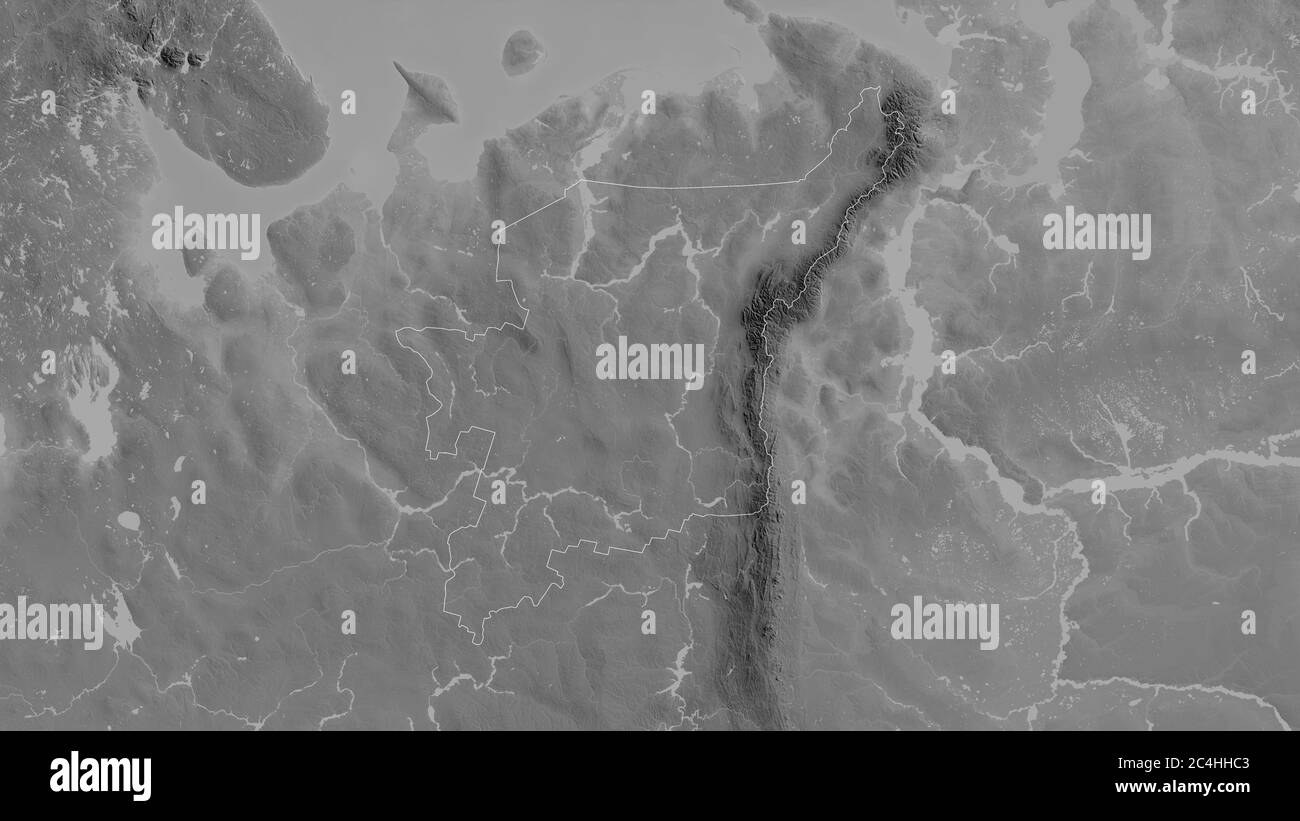 Komi, republic of Russia. Grayscaled map with lakes and rivers. Shape ...