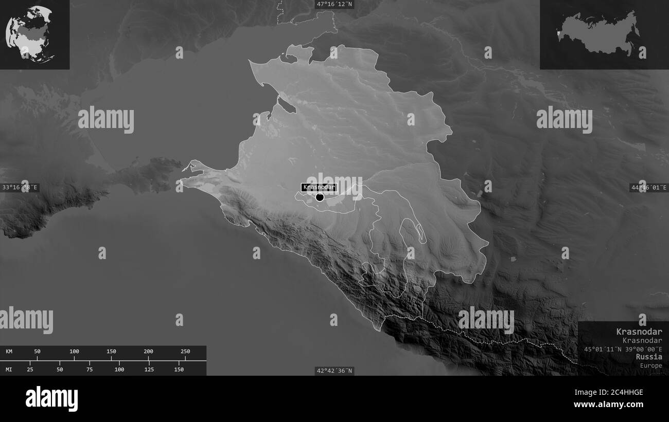Krasnodar, territory of Russia. Grayscaled map with lakes and rivers ...