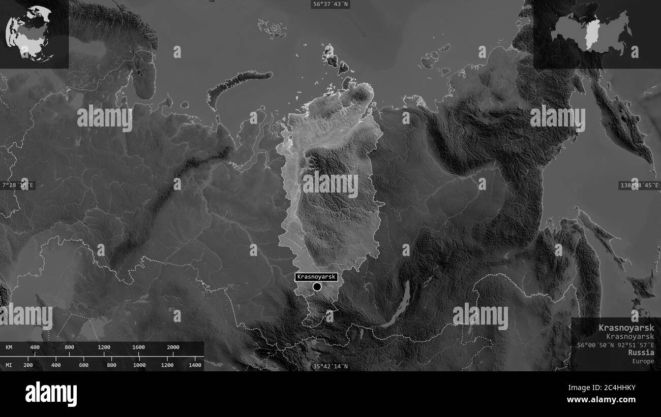 Krasnoyarsk, territory of Russia. Grayscaled map with lakes and rivers ...