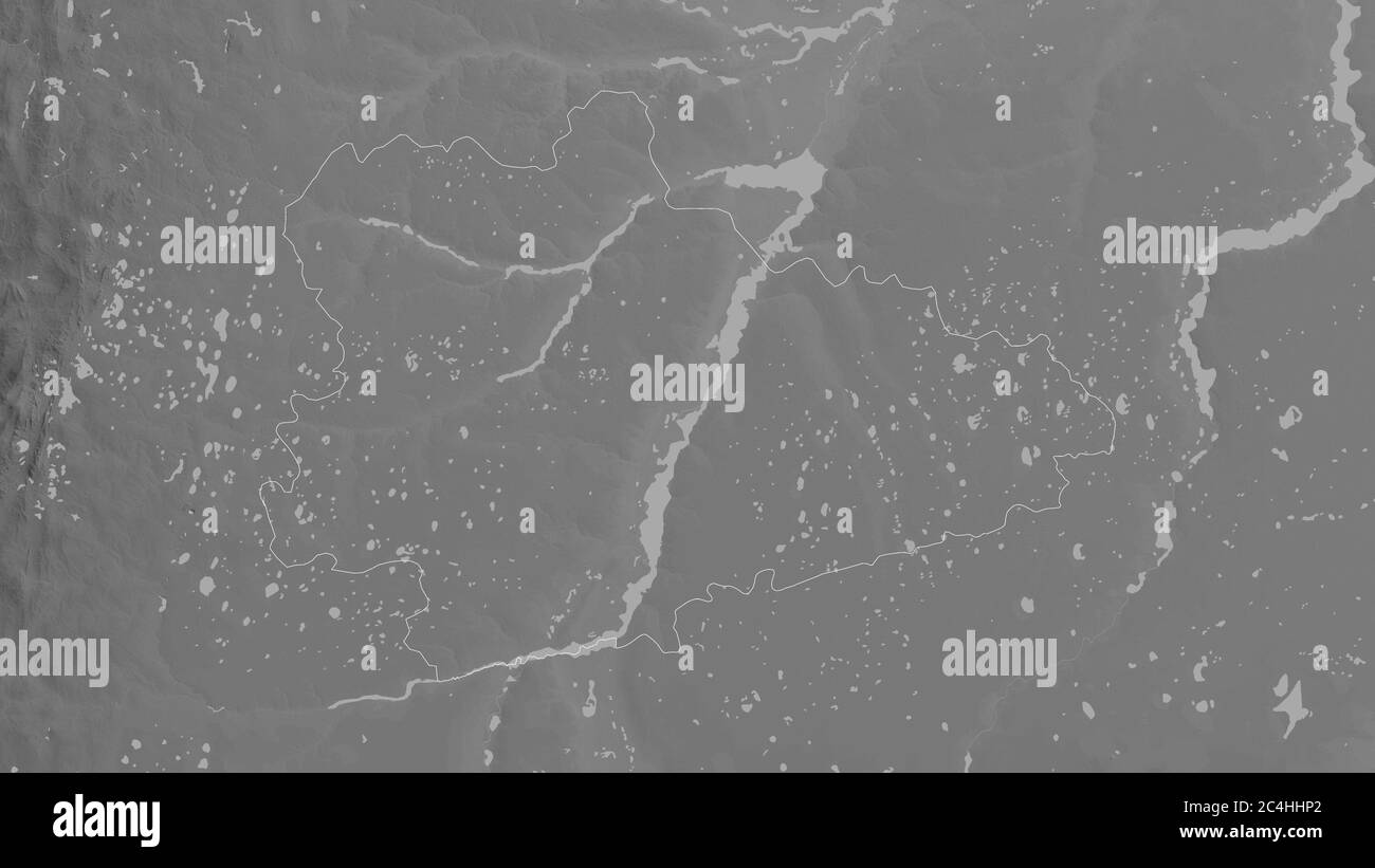 Kurgan, region of Russia. Grayscaled map with lakes and rivers. Shape outlined against its ...