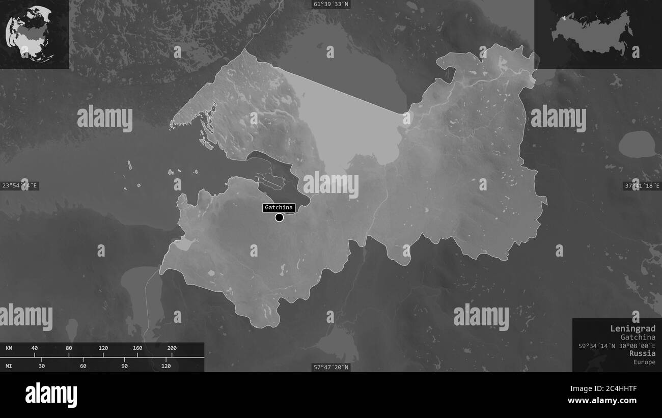 Leningrad, region of Russia. Grayscaled map with lakes and rivers. Shape presented against its ...