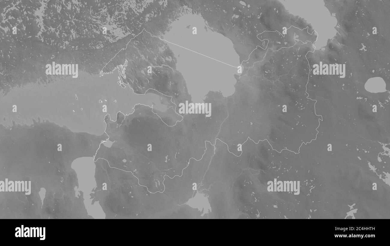 Leningrad, region of Russia. Grayscaled map with lakes and rivers. Shape outlined against its ...
