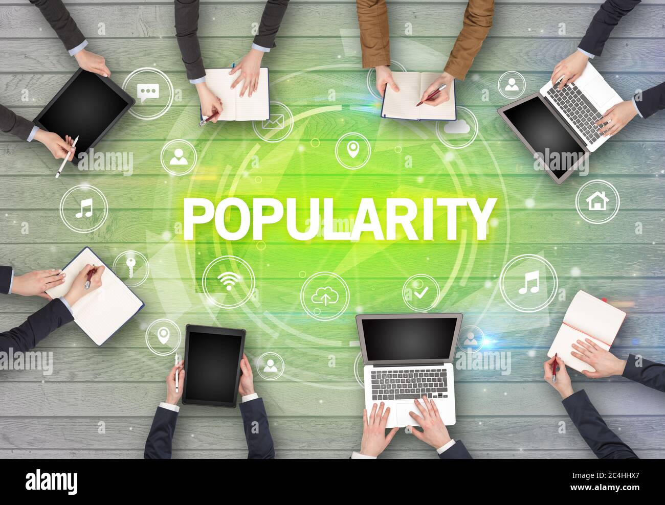 Group of people having a meeting with POPULARITY insciption, social ...