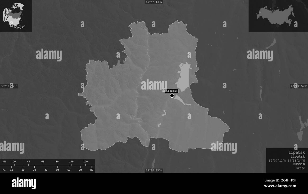 Lipetsk, region of Russia. Grayscaled map with lakes and rivers. Shape ...