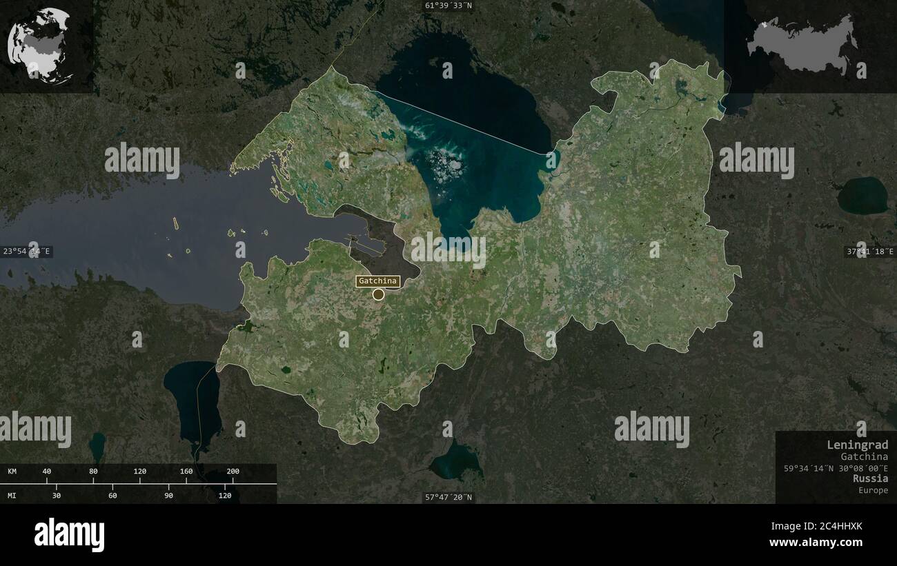 Leningrad, region of Russia. Satellite imagery. Shape presented against ...