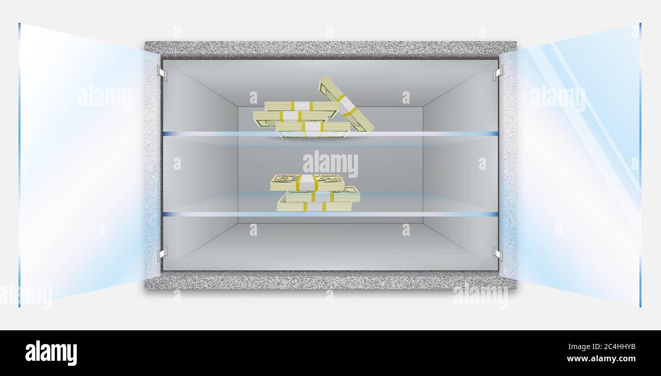 Storage of cash and valuable items. Banking concept. Open shelf with ...