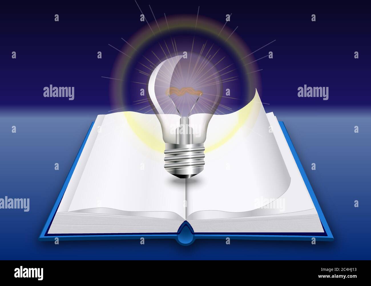 Open book with bright glowing light bulb above on blue background. Education, idea and insight ...