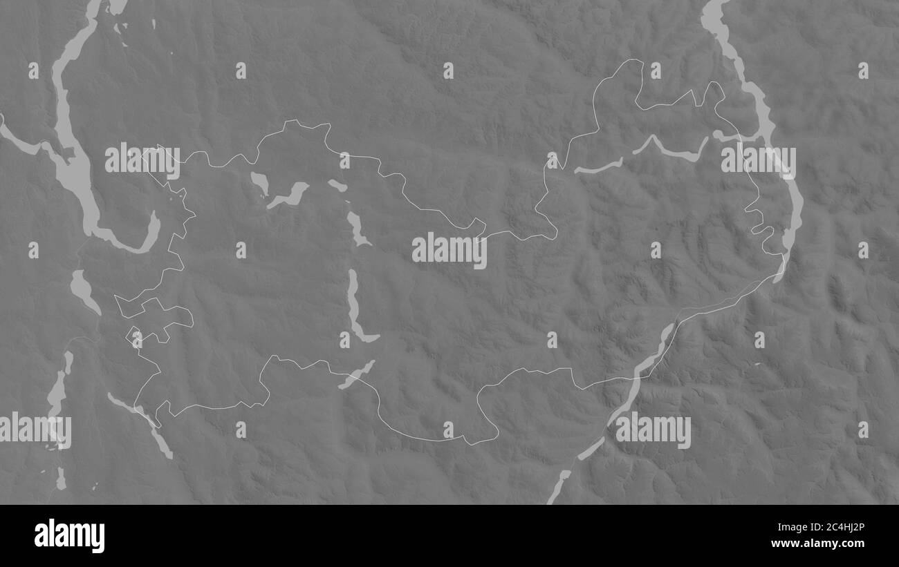 Mordovia, republic of Russia. Grayscaled map with lakes and rivers. Shape outlined against its ...