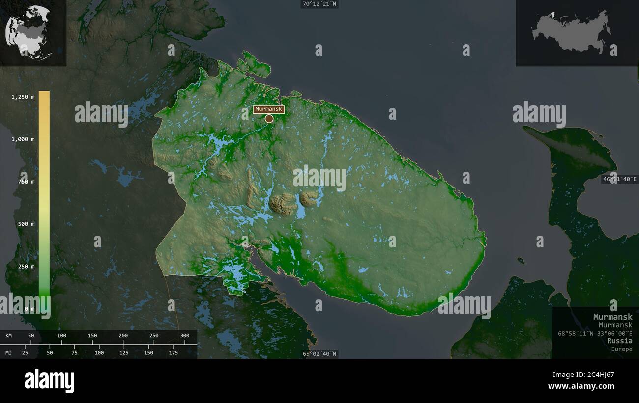 Murmansk, region of Russia. Colored shader data with lakes and rivers. Shape presented against ...
