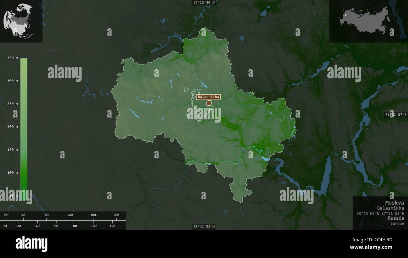 Moskva, region of Russia. Colored shader data with lakes and rivers ...