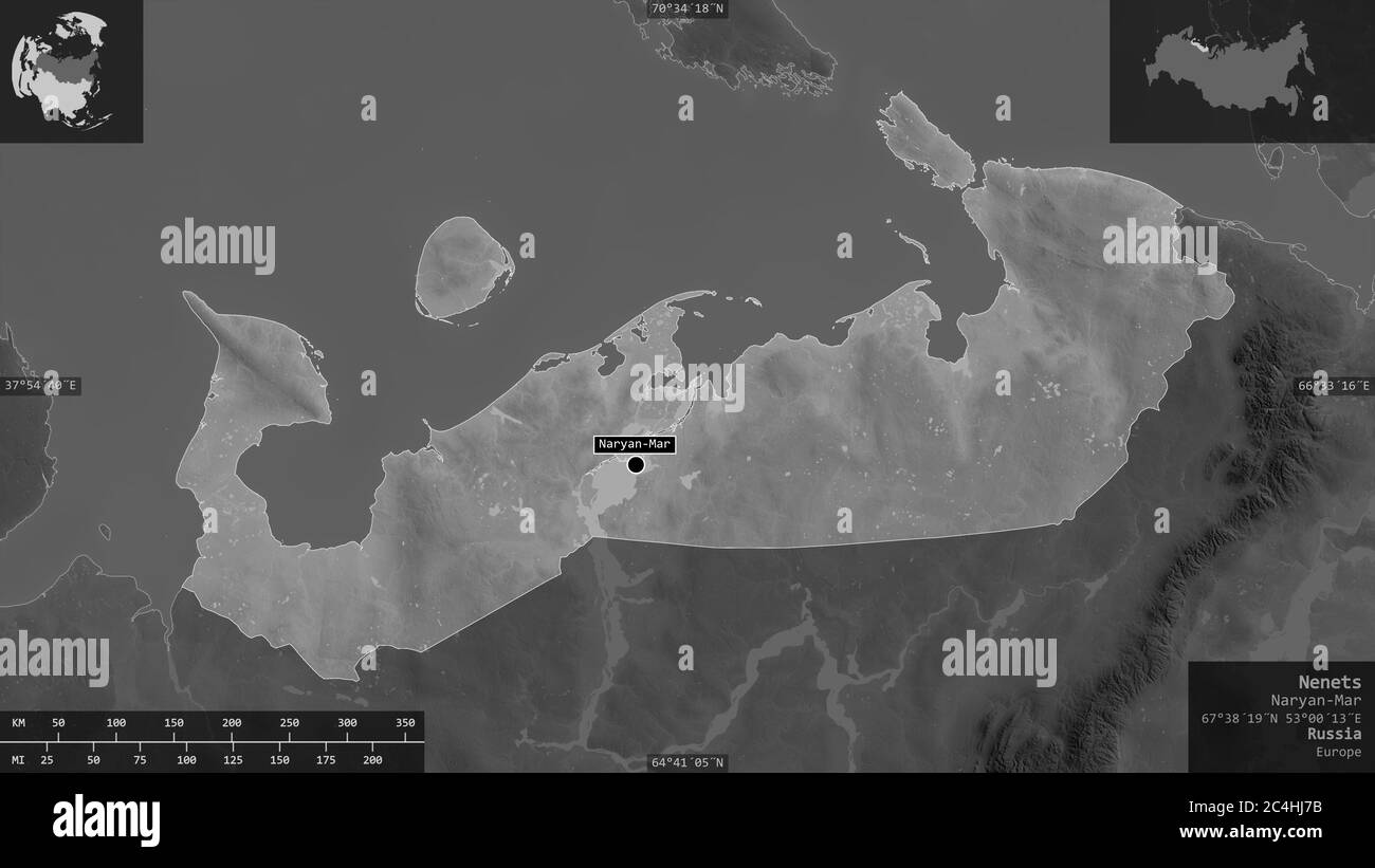 Nenets, autonomous province of Russia. Grayscaled map with lakes and ...