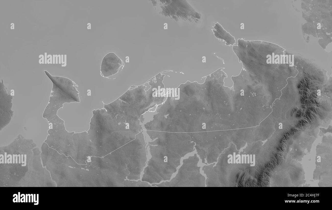Nenets, autonomous province of Russia. Grayscaled map with lakes and rivers. Shape outlined ...