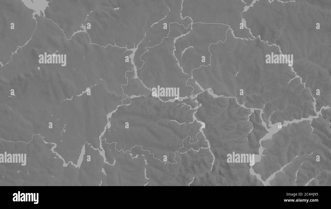 Nizhegorod, region of Russia. Grayscaled map with lakes and rivers. Shape outlined against its ...