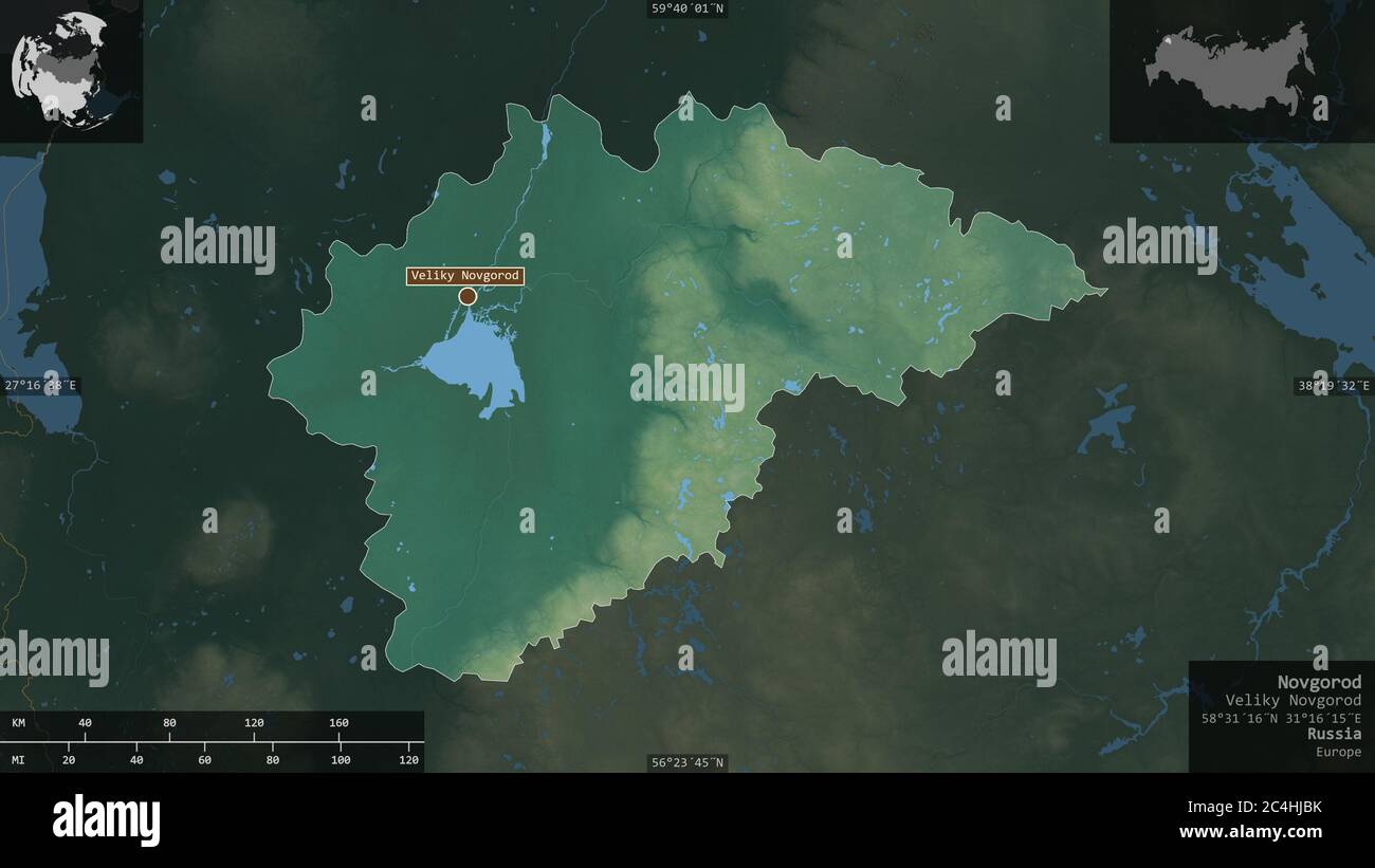 Novgorod, region of Russia. Colored relief with lakes and rivers. Shape ...