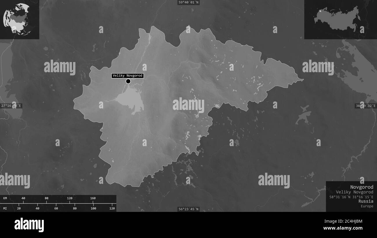 Novgorod, region of Russia. Grayscaled map with lakes and rivers. Shape ...