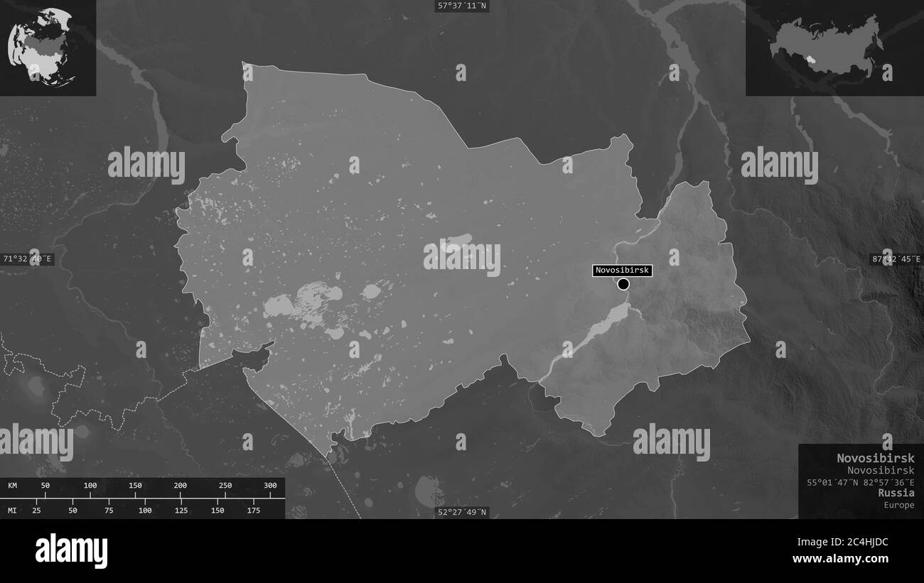 Novosibirsk, region of Russia. Grayscaled map with lakes and rivers ...