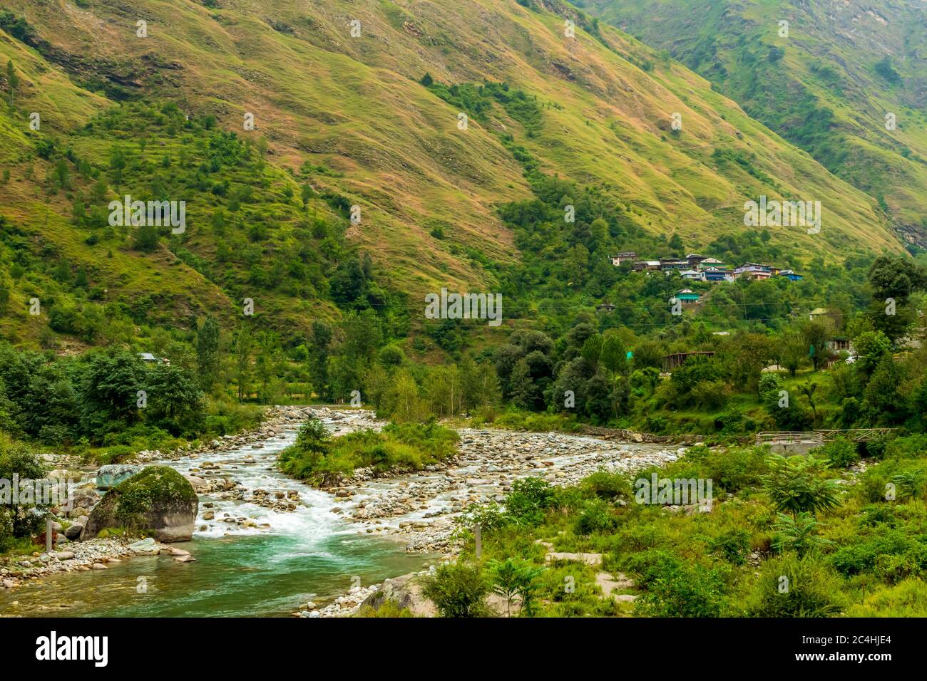 A mountain river, Gushaini, Tirthan Valley, Himachal Pradesh, India ...