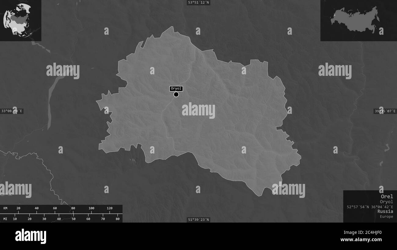 Orel, region of Russia. Grayscaled map with lakes and rivers. Shape ...