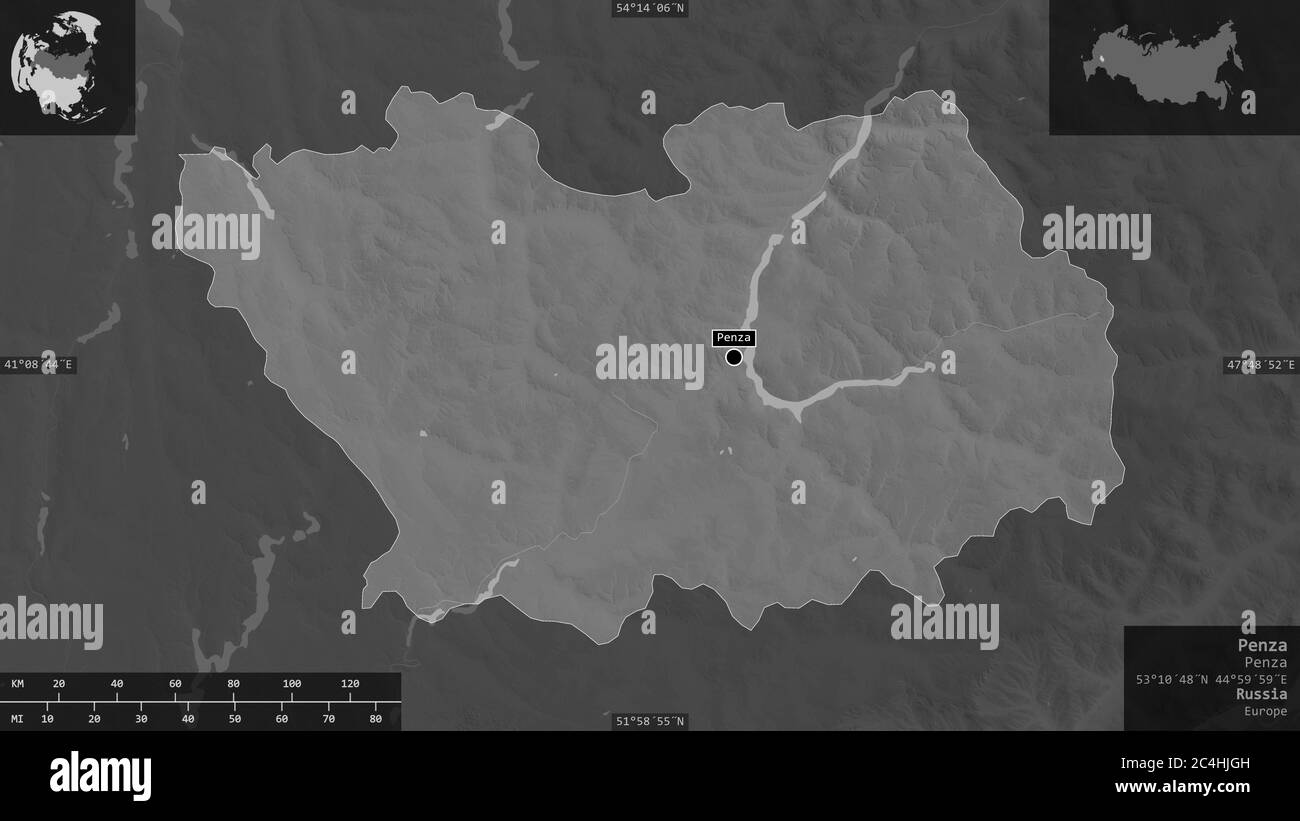 Penza, region of Russia. Grayscaled map with lakes and rivers. Shape ...