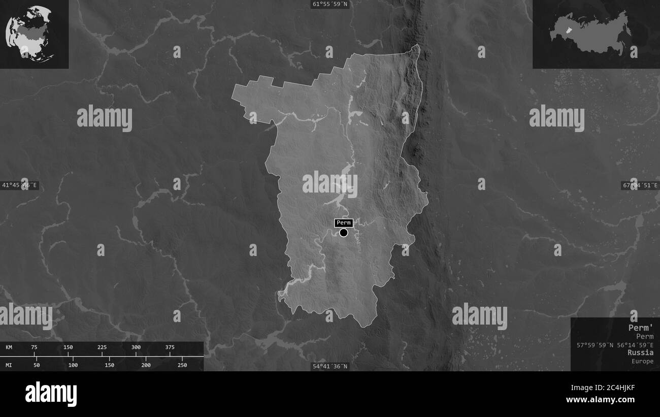 Perm', territory of Russia. Grayscaled map with lakes and rivers. Shape ...