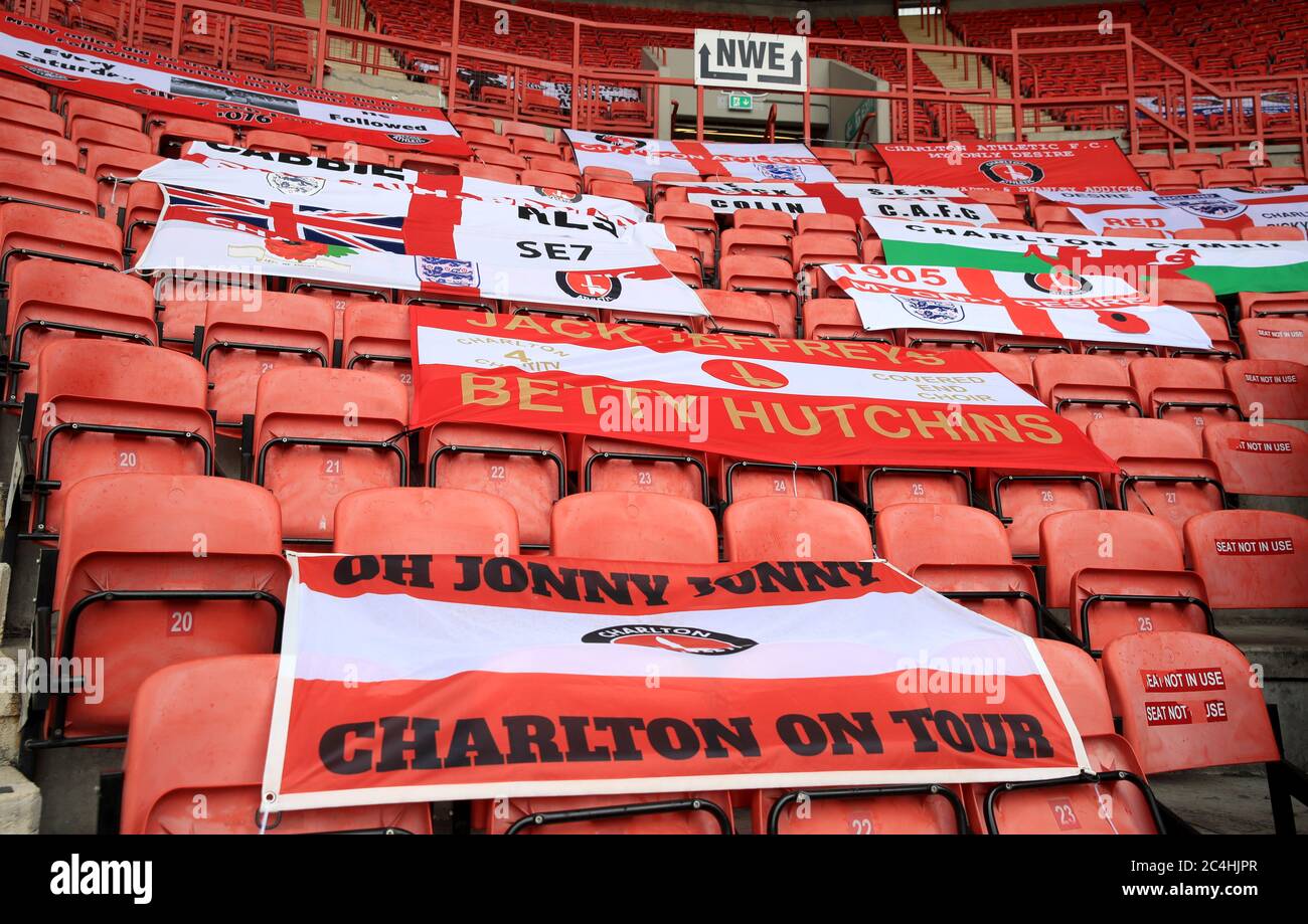 Charlton Athletic flags in the stands where the fans would sit before ...