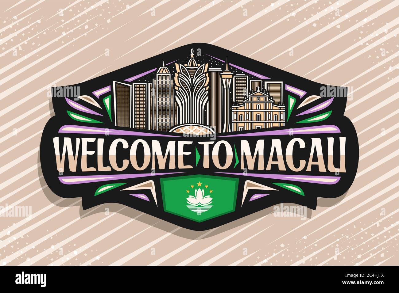 Vector logo for Macau, black decorative badge with line illustration of ...