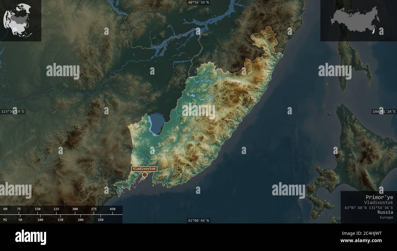 Primor'ye, territory of Russia. Colored relief with lakes and rivers ...