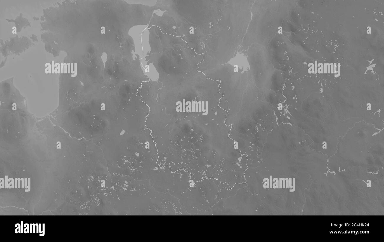 Pskov, region of Russia. Grayscaled map with lakes and rivers. Shape ...
