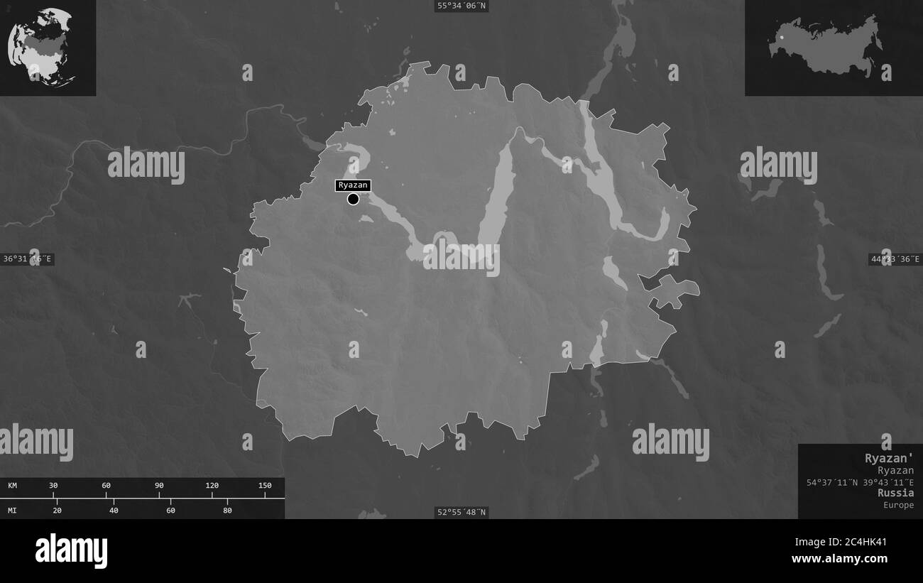 Ryazan', region of Russia. Grayscaled map with lakes and rivers. Shape presented against its ...