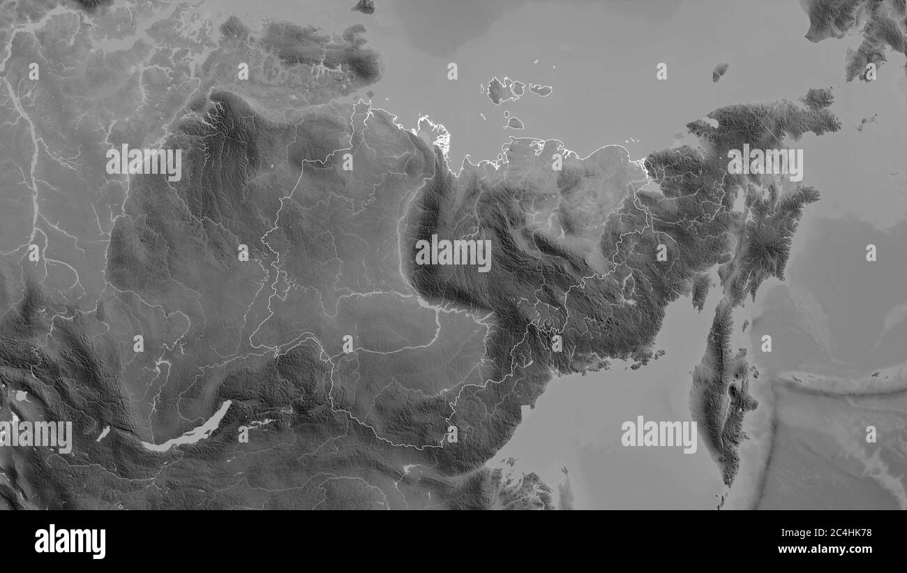Sakha, republic of Russia. Grayscaled map with lakes and rivers. Shape ...
