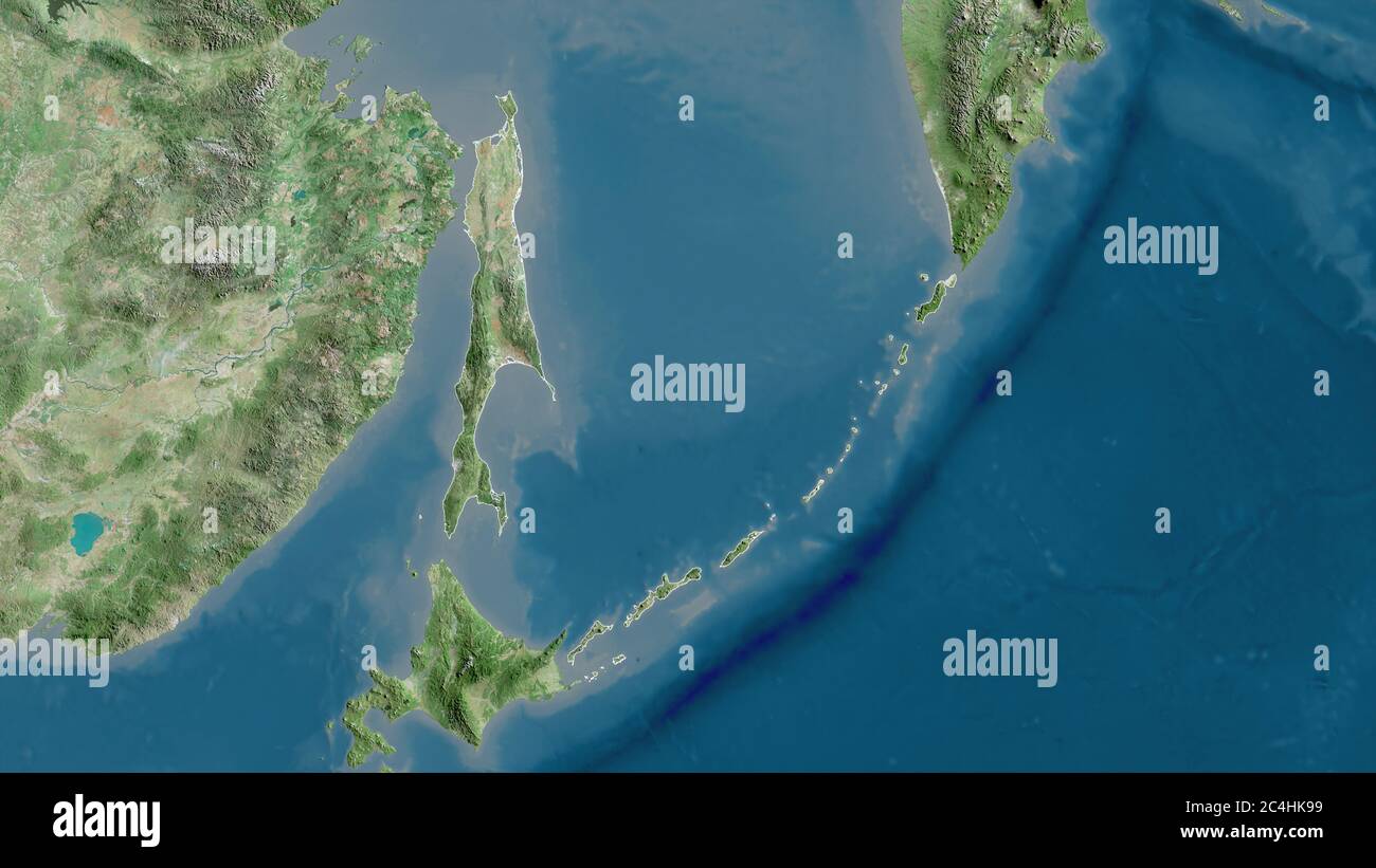 Sakhalin, region of Russia. Satellite imagery. Shape outlined against ...