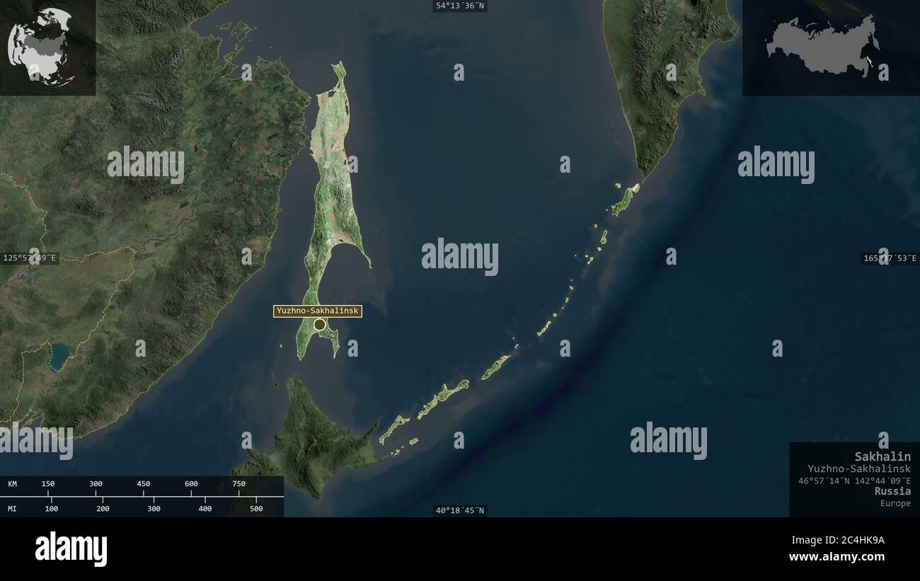 Sakhalin, region of Russia. Satellite imagery. Shape presented against ...