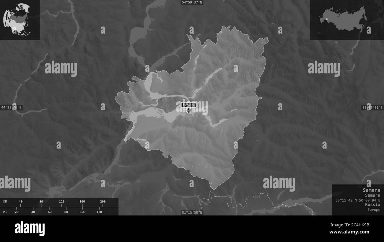 Samara, region of Russia. Grayscaled map with lakes and rivers. Shape presented against its ...