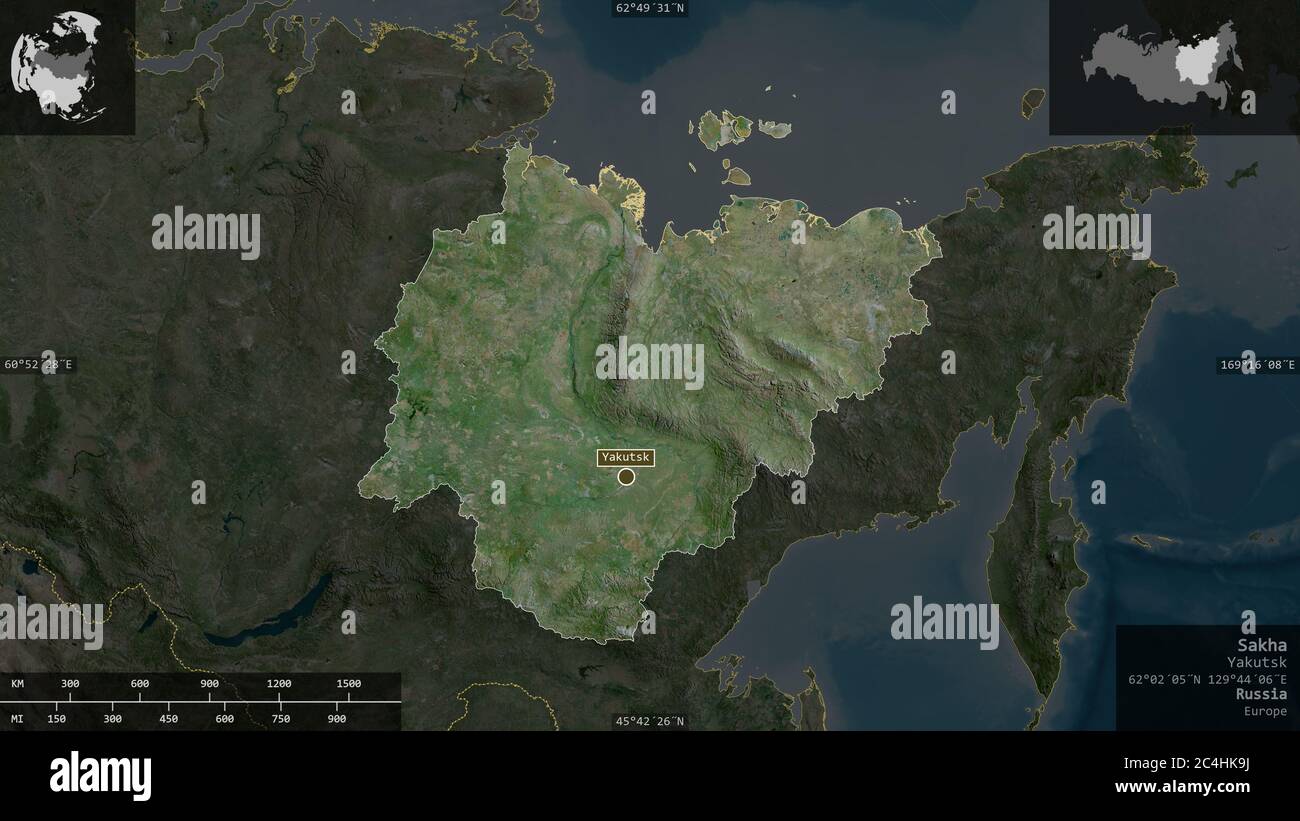 Sakha, republic of Russia. Satellite imagery. Shape presented against ...