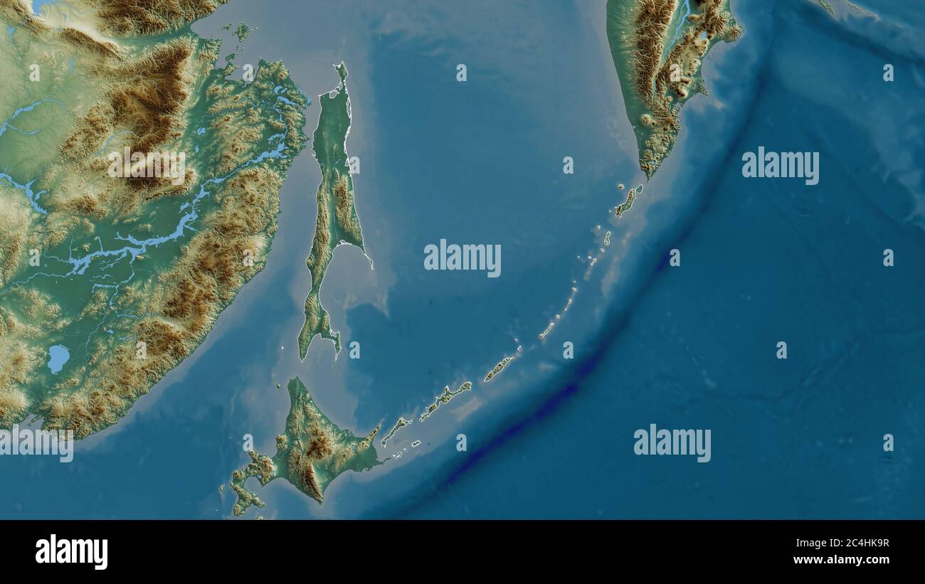 Sakhalin, region of Russia. Colored relief with lakes and rivers. Shape ...