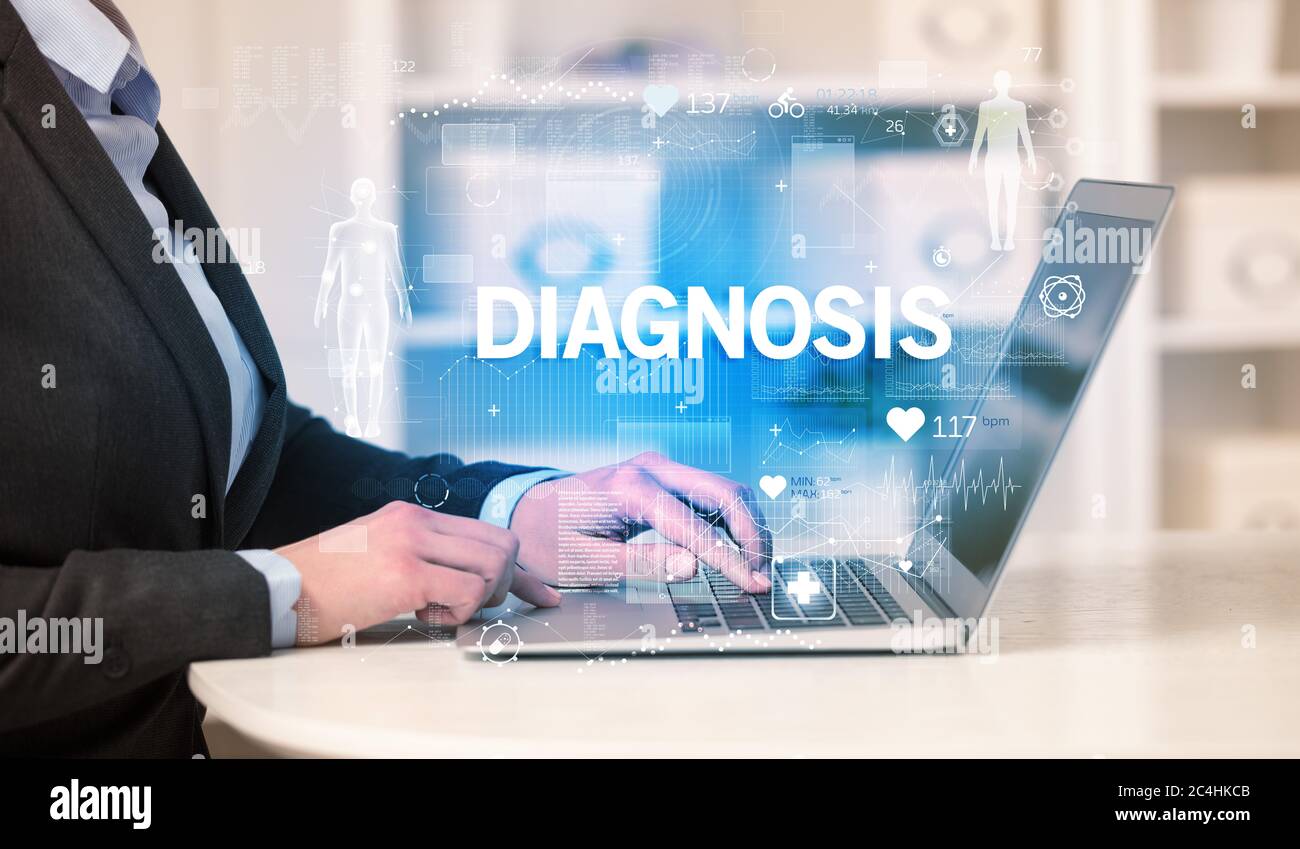 Doctor working a health check with DIAGNOSIS inscription, recording ...
