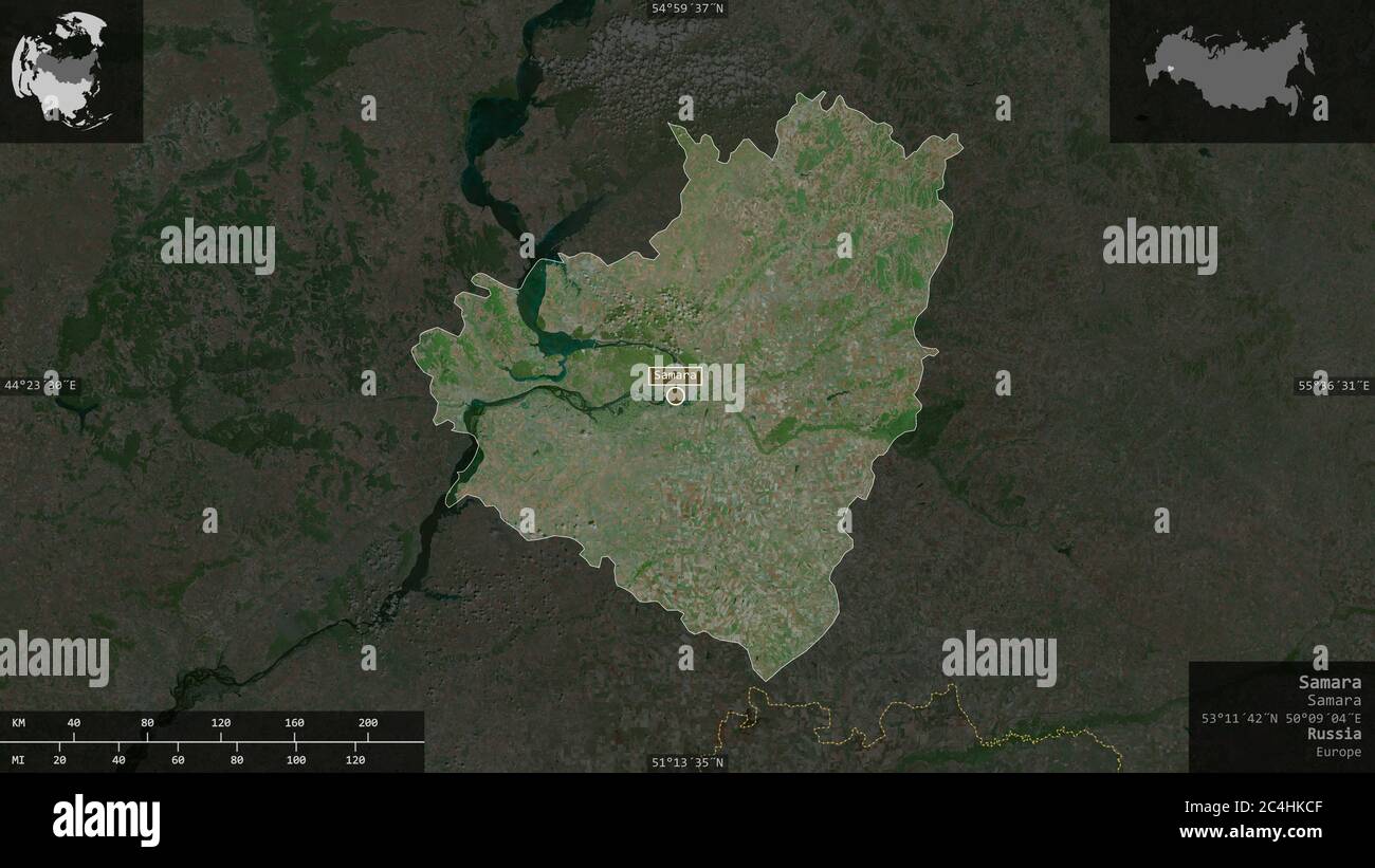 Samara, region of Russia. Satellite imagery. Shape presented against ...
