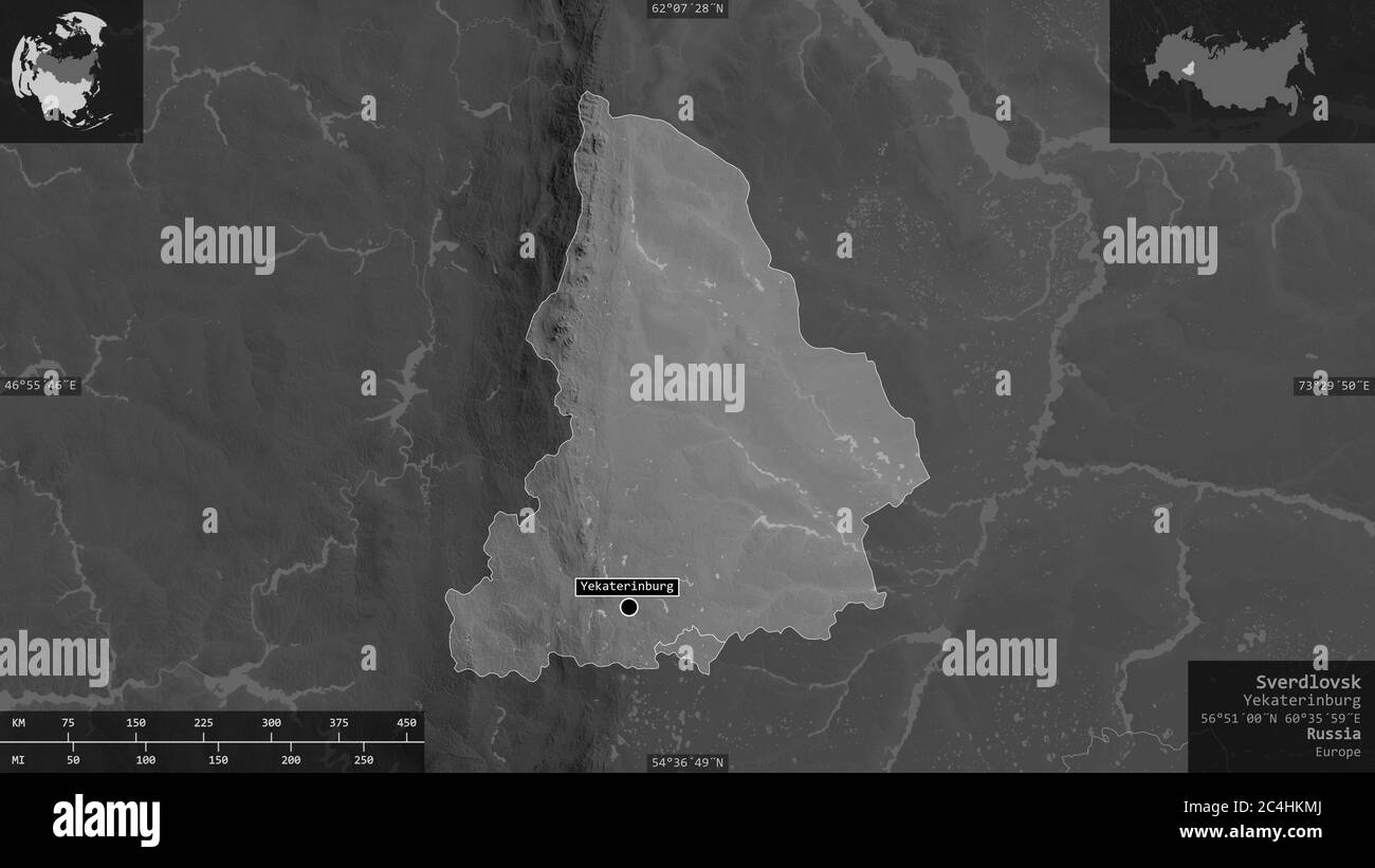 Sverdlovsk, region of Russia. Grayscaled map with lakes and rivers. Shape presented against its ...
