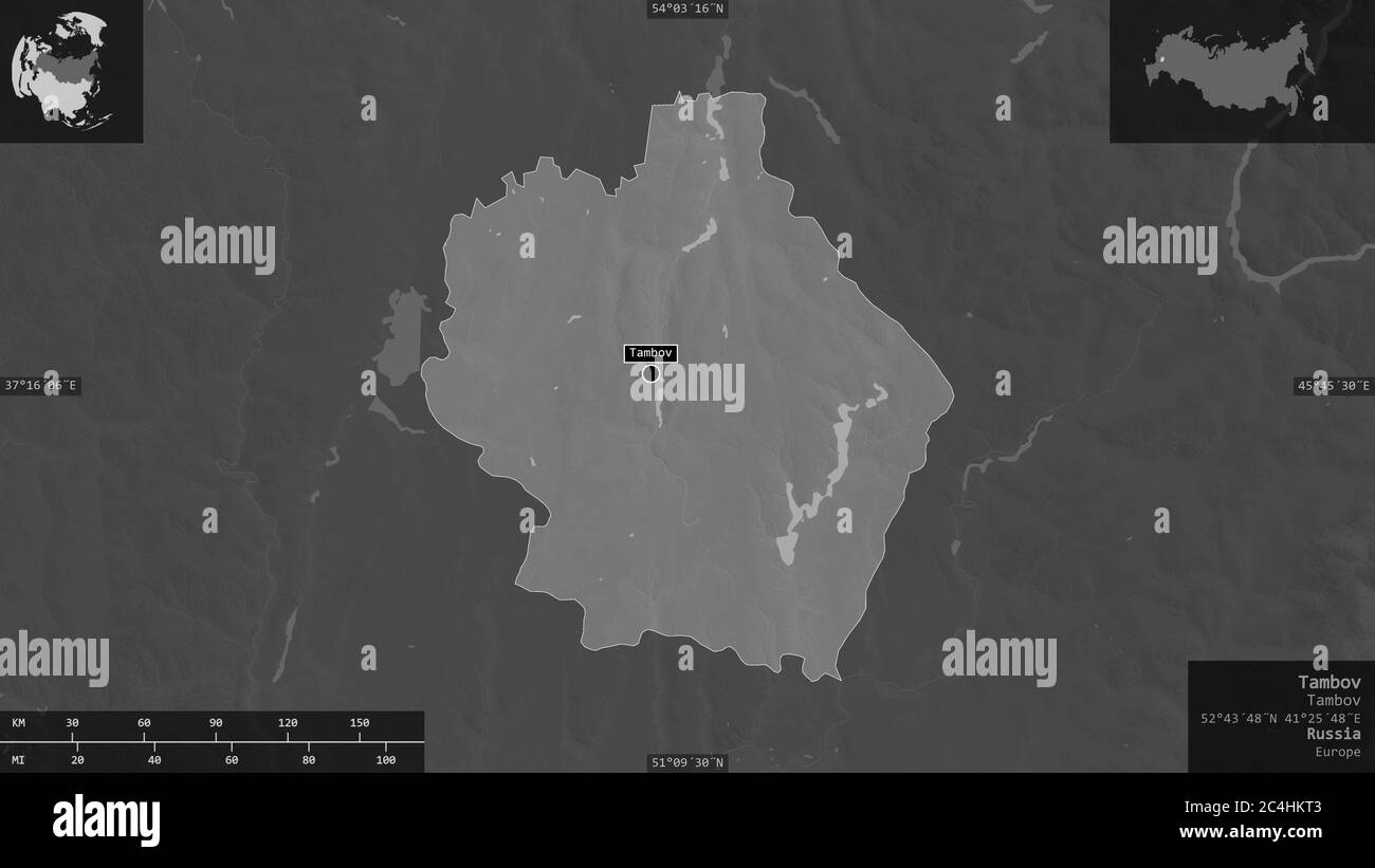 Tambov, region of Russia. Grayscaled map with lakes and rivers. Shape presented against its ...