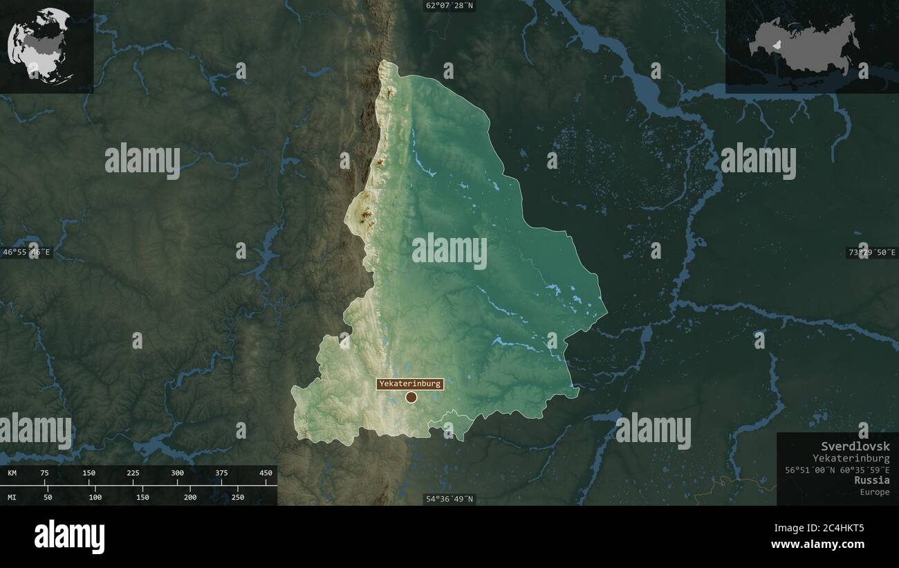 Sverdlovsk, region of Russia. Colored relief with lakes and rivers ...